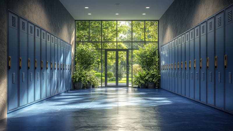 Luminous School Corridor with Blue Lockers Stock Illustration ...