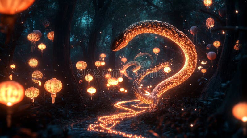 Luminous Serpent Coiling through a Lantern-Lit Forest Stock ...