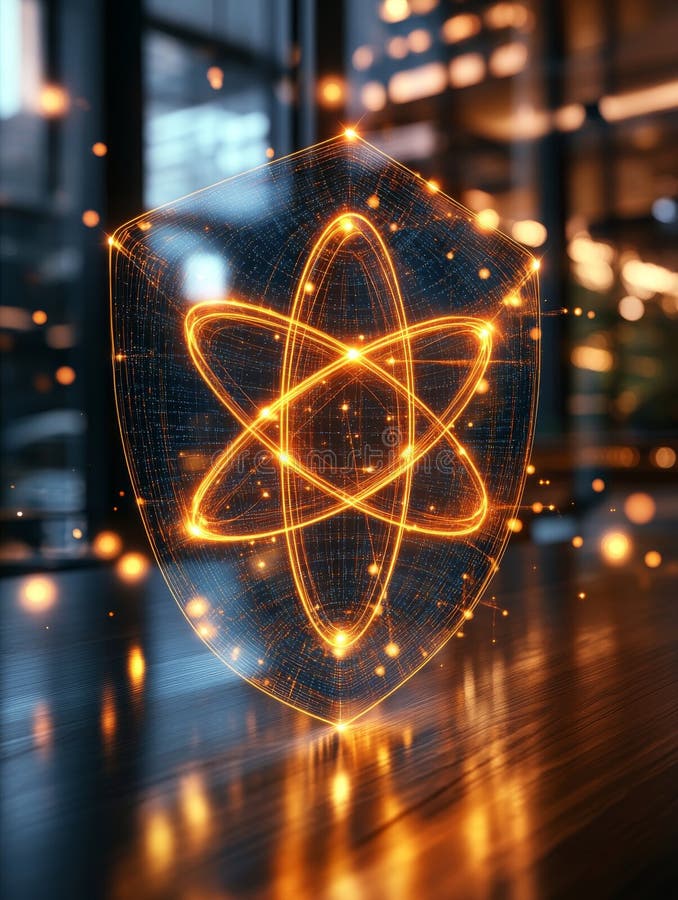 A Luminous Shield Badge Adorned with an Atomic Symbol, Symbolizing ...