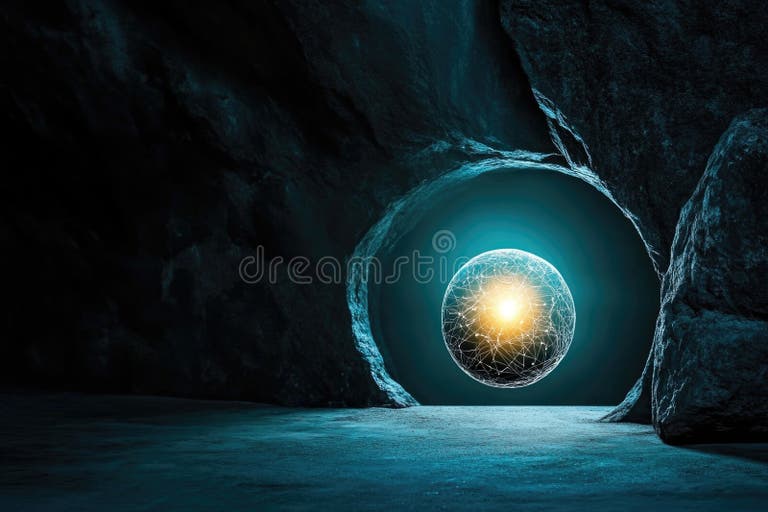 Luminous Sphere in Dark Cave with Network Patterns and Glowing Core ...