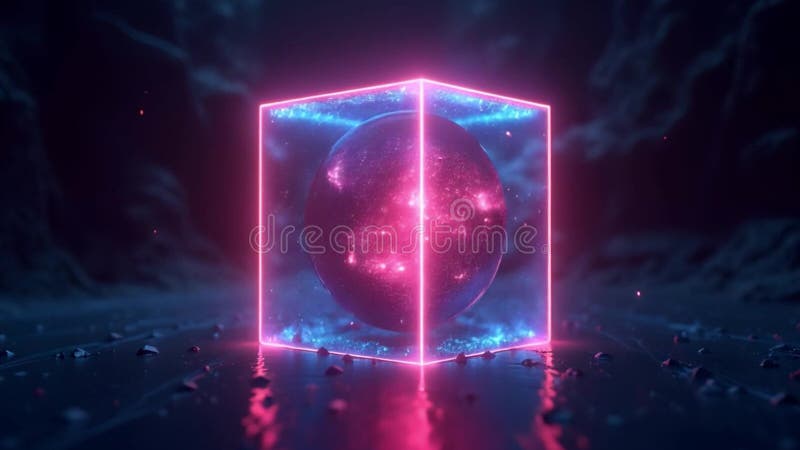 Luminous Sphere Encased in Neon Cube, Abstract Futuristic Visualization ...