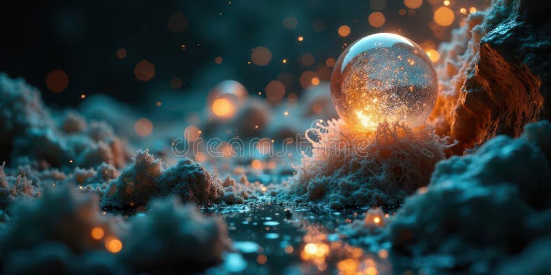 A Luminous Sphere Rests upon a Surreal, Textured Landscape, Illuminated ...