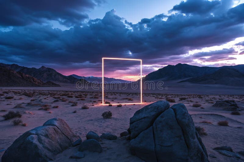 Luminous Square Frame in Desert Landscape Dramatic Sunset, Mountains ...