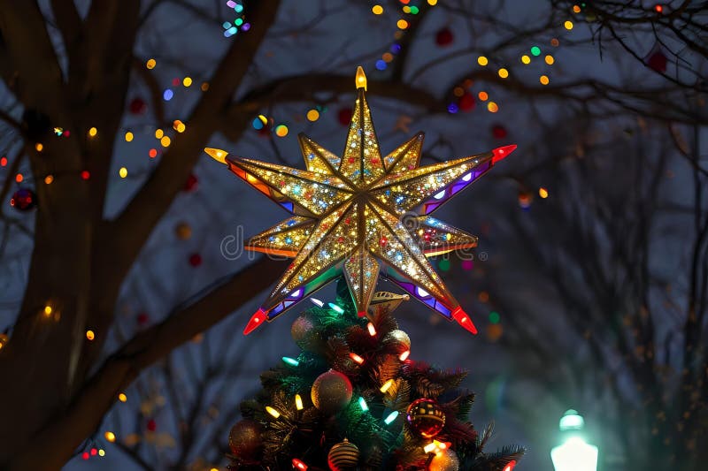 Luminous Star Tree Topper with Festive Lights Stock Illustration ...