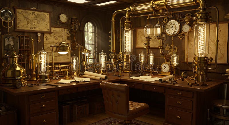 Luminous Steampunk Inventor S Workshop: a Detailed 3D Render of a Retro ...