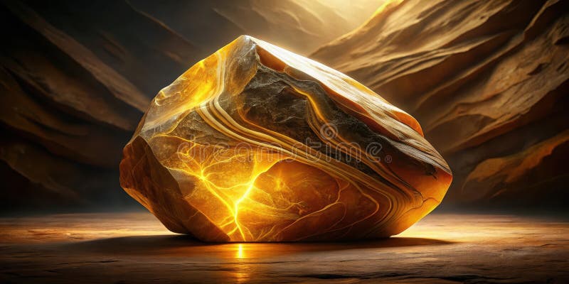 Luminous Stone with Internal Golden Glow, Resting on a Smooth Surface ...