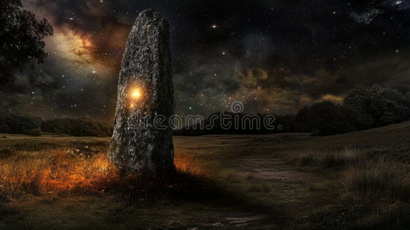 A Luminous Stone Pillar in a Night Scene with a Star-filled Sky Stock ...