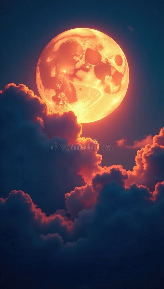 Luminous Supermoon Peeking through Fluffy Clouds Ample Copy Space , Cosmic, Full Stock ...