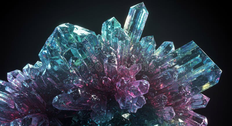 Luminous Teal Pink Crystal Cluster on Black Background Stock ...