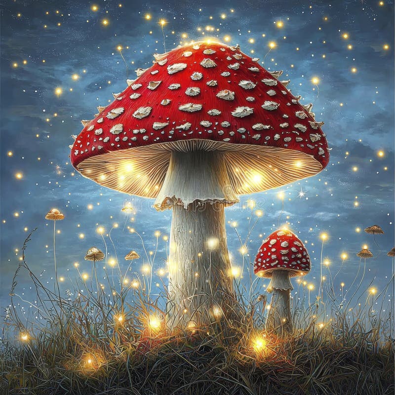 Luminous Toadstools in a Glowing Night Field Stock Illustration ...