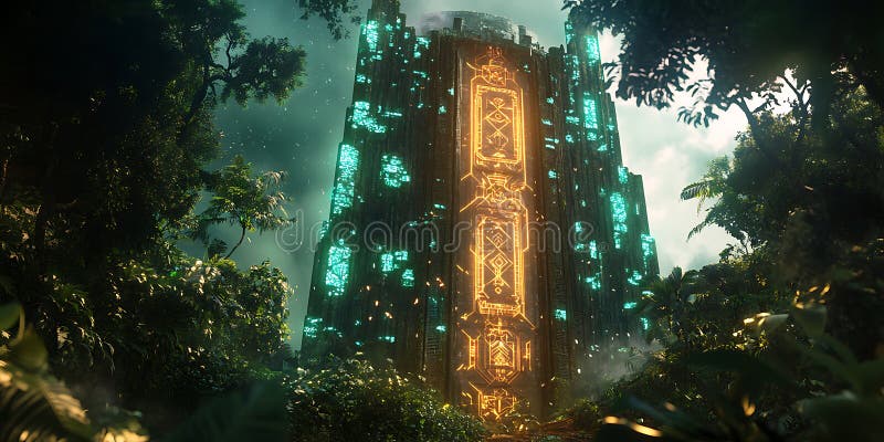 Luminous Tower Night Cityscape Fantasy Art Stock Illustration ...