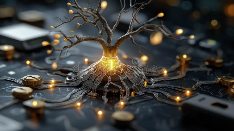 Glowing Tree with Circuit-like Roots Growing Out of Dark Surface ...