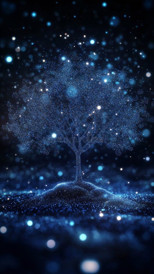 Luminous Tree with Glowing Particles in a Mystical Night Scene, Sci-fi ...