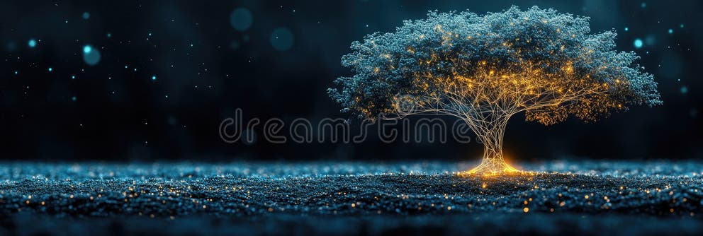 Luminous Tree at Night with Glowing Branches and Ethereal Lights Stock ...