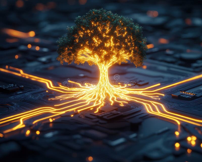 Luminous Tree of Progress Glowing Roots Intertwined with Dynamic ...