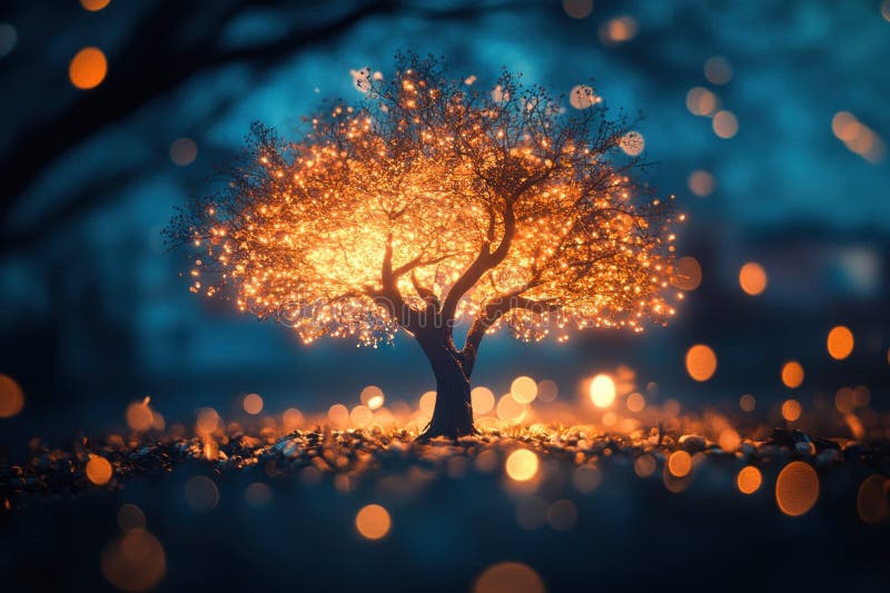 Glowing Tree Illuminates a Peaceful Landscape at Dusk with Enchanting ...