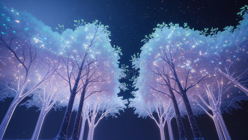 Luminous Trees Illuminated in a Digital Night Scene Stock Photo - Image ...
