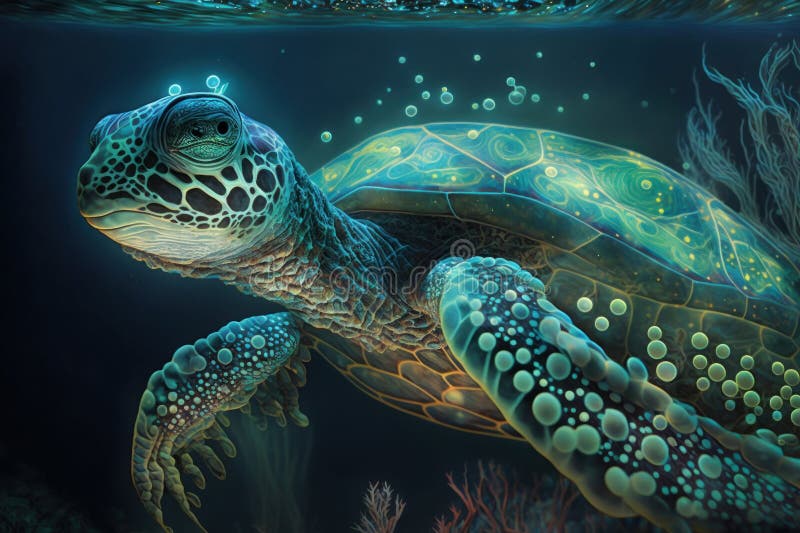 Luminous Turtle is Underwater. Beautiful Illustration Picture Stock ...