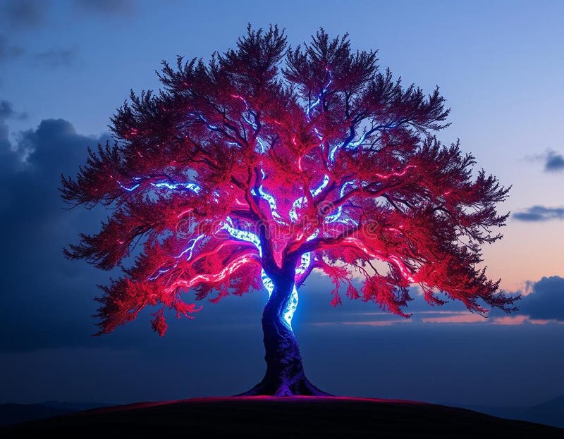 A Luminous, Twilit Binary Tree Entity, Its Branches Pulsating with Hues of Electric Blue and ...