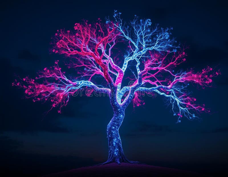 A Luminous, Twilit Binary Tree Entity, Its Branches Pulsating with Hues ...