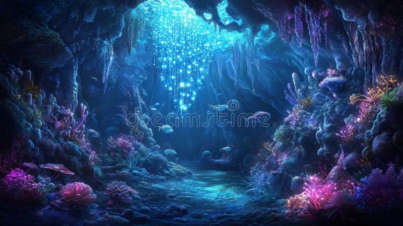 Luminous Underwater Cave with Glowing Coral Reef and Fish Stock ...