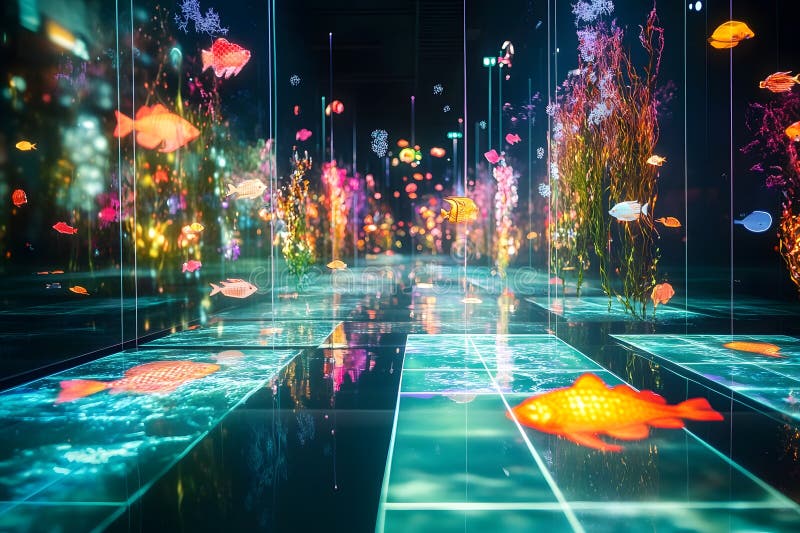 Luminous Underwater Realm with Transparent Flooring and Floating Icons ...