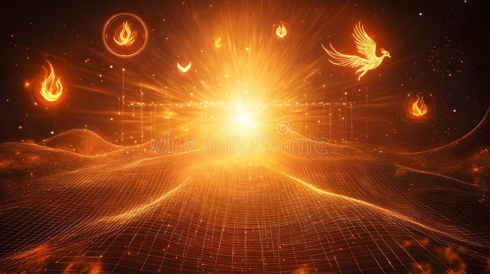 Luminous Undulating Grid with Floating Phoenix and Flame Icons on Fiery ...
