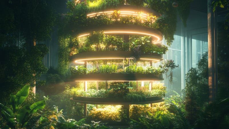 Luminous Vertical Farm in Lush Forest Setting Stock Illustration ...
