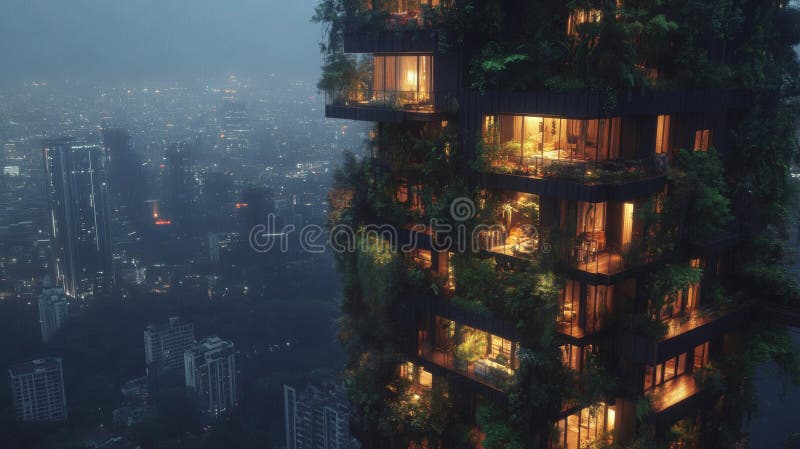 Luminous Vertical Green Tower at Night Stock Illustration ...