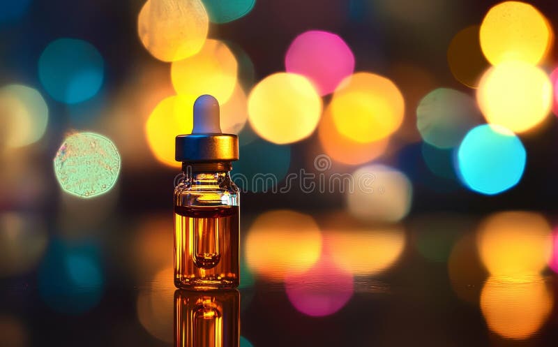 Luminous Warm Lights at Twilight Reflect Off an Amber Liquid Filled ...