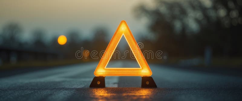 Luminous Warning Triangle on Asphalt Road at Twilight Conveying Message ...
