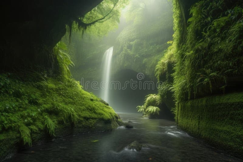 Luminous Waterfall, Surrounded by Mist and Greenery Stock Illustration ...