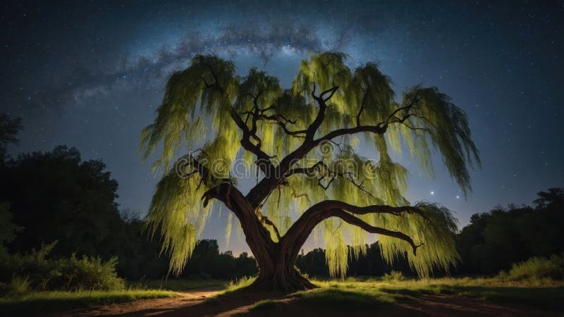 Majestic Weeping Willow Under a Starry Night Sky Stock Illustration ...