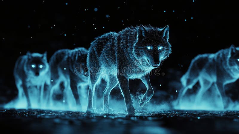 Luminous Wolf Pack Night Forest Snowfall Fantasy Stock Photo - Image of ...