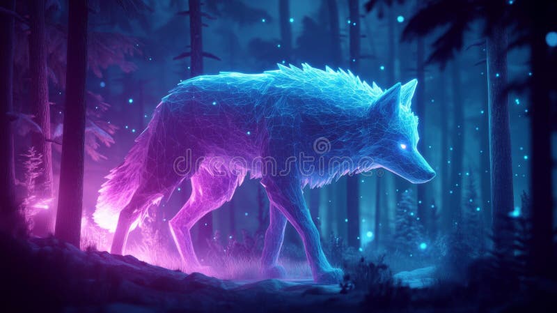 Luminous Wolf in a Purple and Blue Enchanted Forest Stock Illustration ...