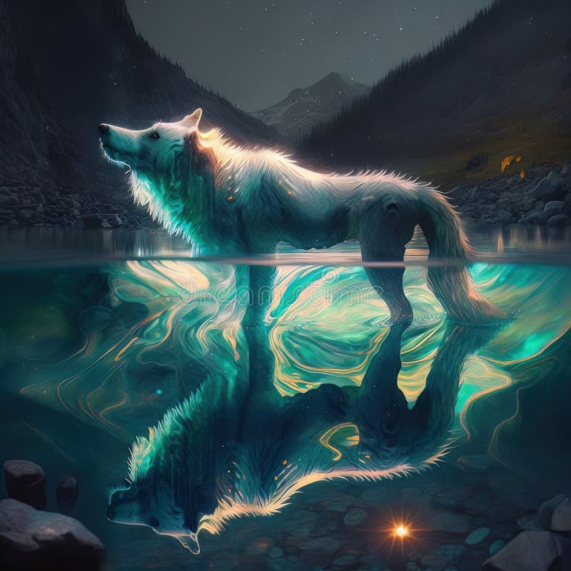 Luminous Wolf in Water, Otherworldly Creature. Generative Ai Stock ...