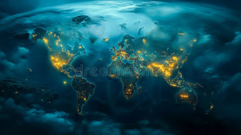 A Luminous World Map Highlights Key Cities, Creating a Striking Visual ...