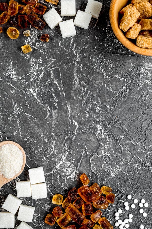 Lumps of Sugar with Bowls Sweet Set on Dark Table Background Top View ...