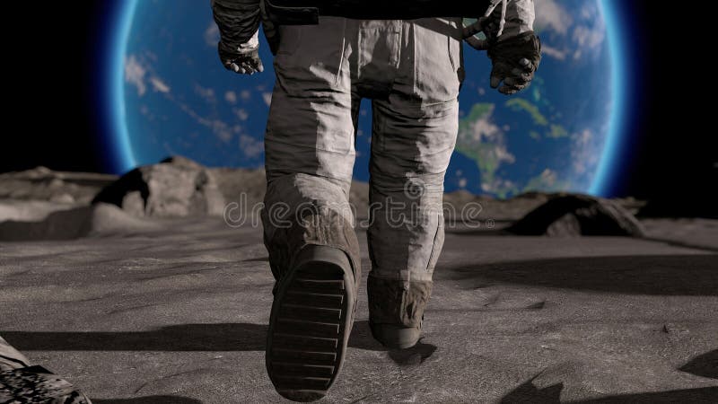 Lunar Astronaut in Space Suit Walking on the Moon. Planet Earth is ...