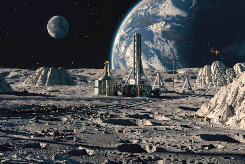 Lunar Base with Earth Behind, AI Generated Stock Illustration ...