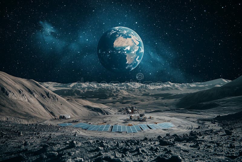 Lunar Base with Earth View stock illustration. Illustration of moon ...