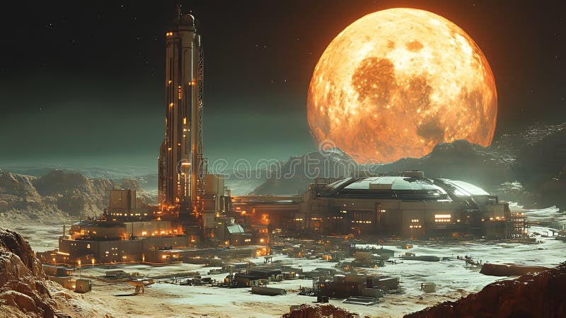 Lunar Base, Mining Operation, Alien Landscape, Orange Moon, Futuristic ...