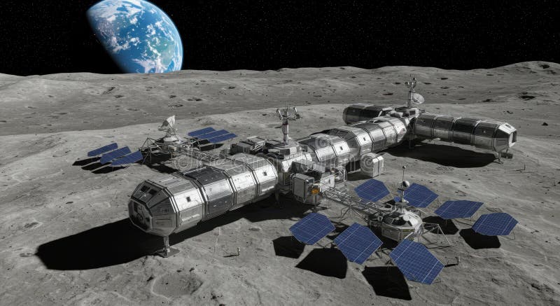 Lunar Base with Solar Panels and Earth in View Stock Image - Image of ...