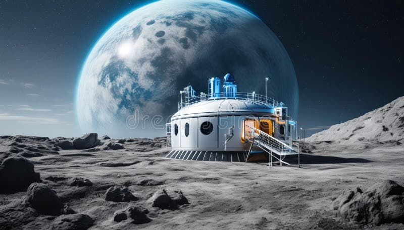 Lunar Base Under Blue Planet in the Solar System Stock Illustration ...