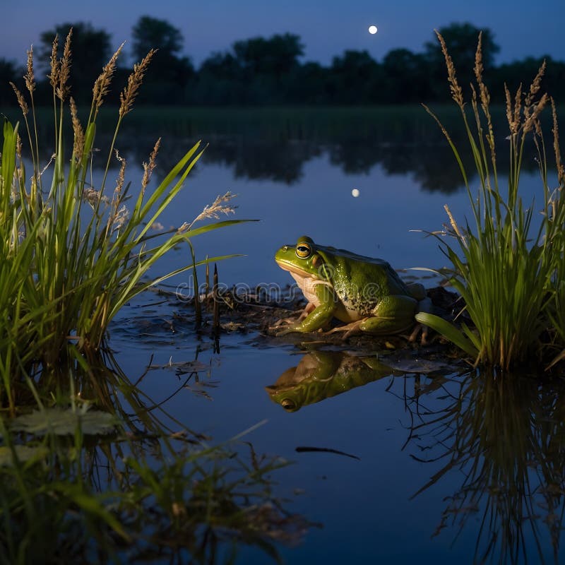 Lunar Croak: Bullfrog Singing Under the Full Moon with Firefly Glow ...