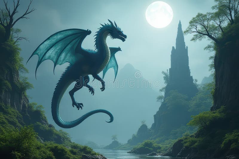 Lunar Dragon Phantom - Mystical Landscape Encounter Stock Illustration ...
