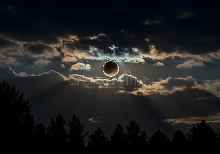 Lunar Eclipse through Clouds with Moonbeams Stock Illustration - Illustration of stars, serenity ...