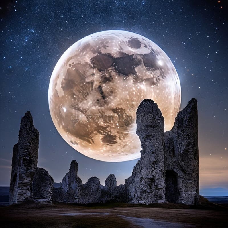 Lunar Eclipse Illuminates Castle Ruins at Night Stock Image - Image of ...