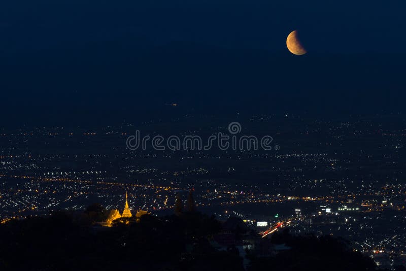 Lunar Eclipse Over Chiangmai City. Stock Image - Image of chiangmai ...