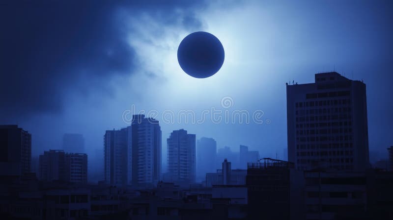 Lunar Eclipse Over a City Skyline with a Mysterious Blue Hue. Dramatic ...